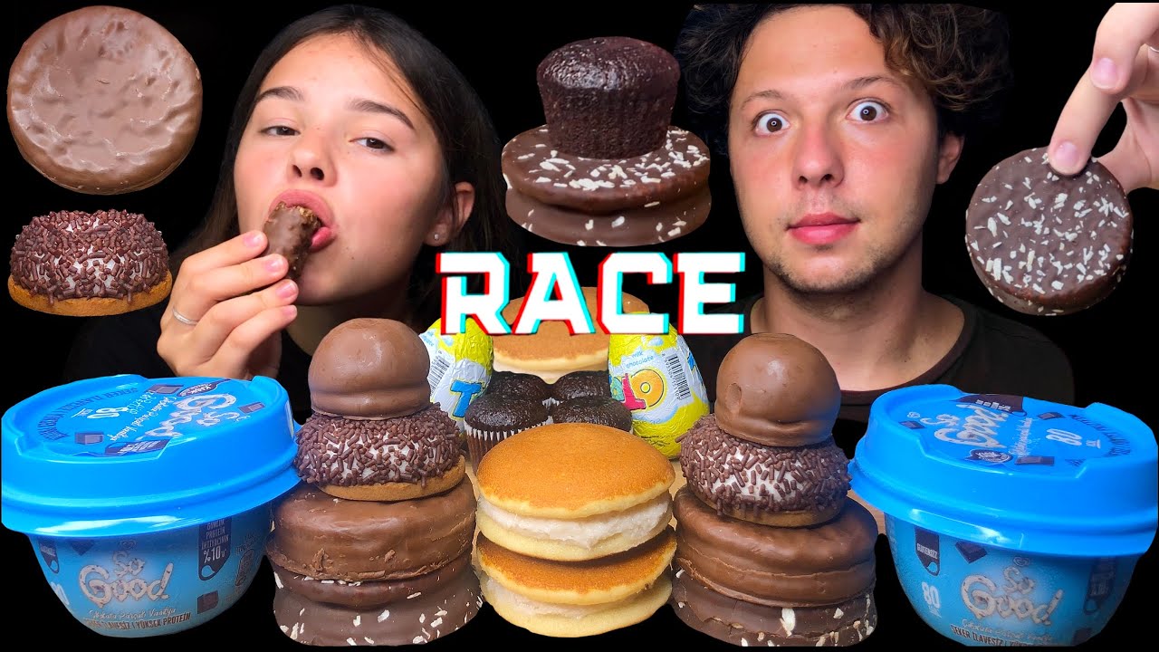 ASMR LEFTOVER CHOCOLATE DESSERT RACE EATING (ICE CREAM, CHOCOLATE CAKE ...