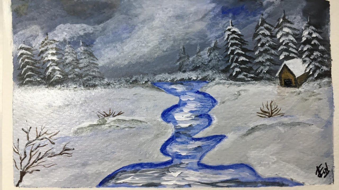 how to paint winter landscape | mountain lake landscape painting ...