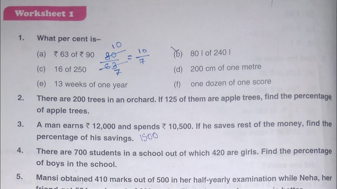 Dav Class 6 Math Chapter 5 Worksheet 1 || Percentage And Its ...