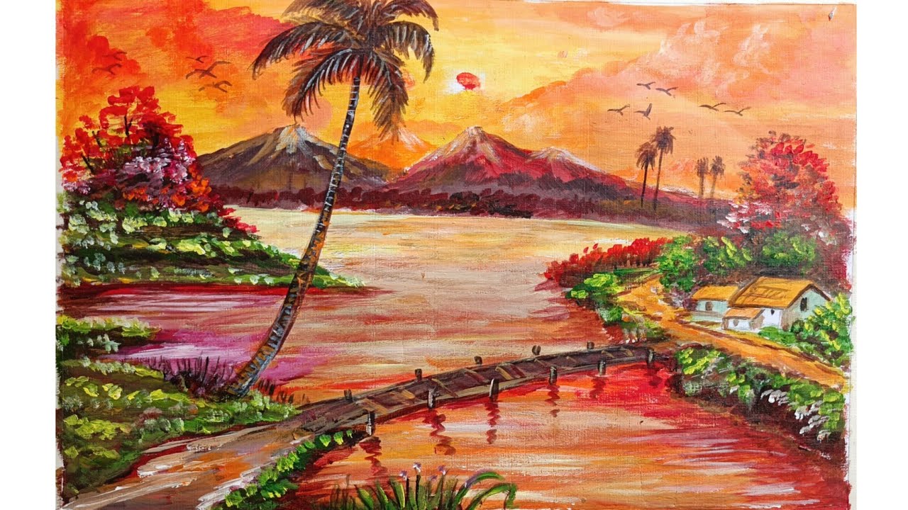 How to draw a landscape scenery||step by step||with acrylic colour ...