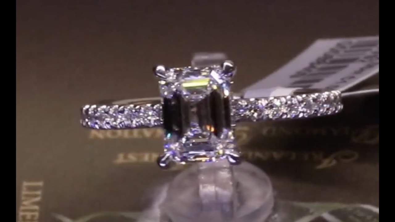 #91879 | T2.05ct/C1.55ct | Emerald Cut Solitaire with Diamond Shoulders | Set in Platinum - YouTube