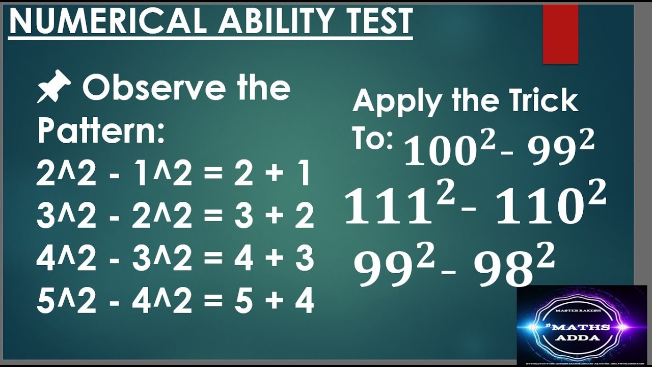 1. 100^2 - 99^2 = ? / 2. 111^2 - 109^2 = ?/ 3. 99^2 - 96^2 = ? - YouTube