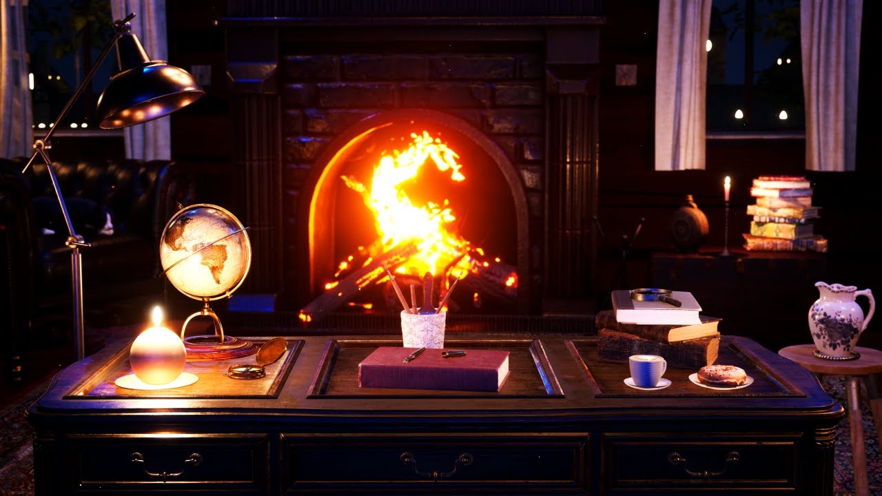 Cozy Study with a large Fireplace | Soft Rain 8 hours 4K - YouTube