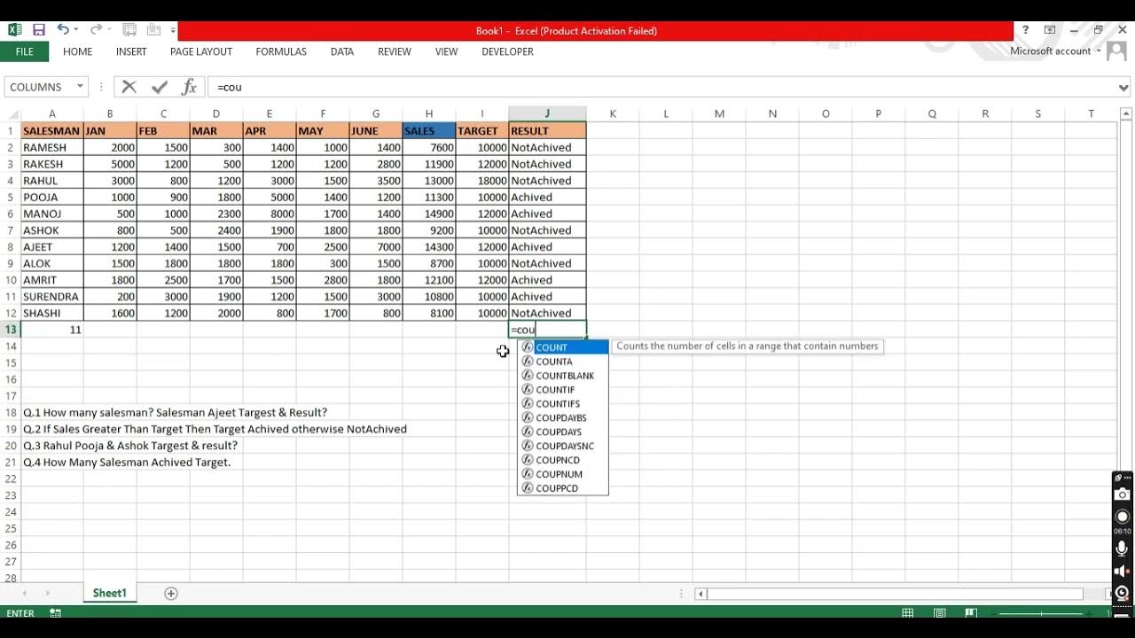 How to use Vlookup,Count,CountA,Countif,Scenario,SUM, based question and solution - YouTube