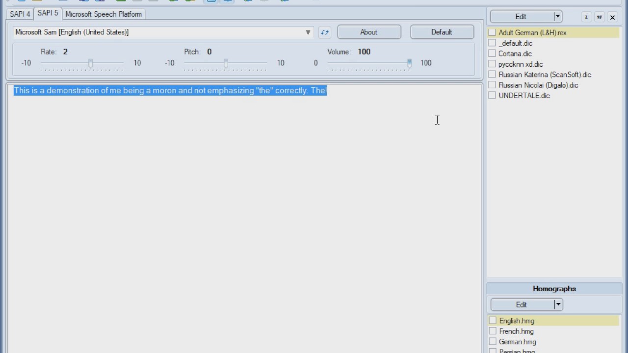 A demonstration of SAPI 5 Sam emphasizing "The" alone - YouTube