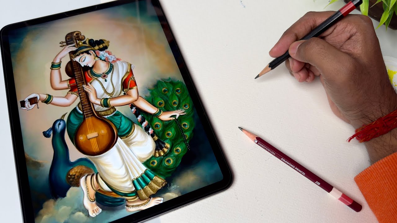 Saraswati Devi Drawing, Outline Tutorial 😍 - YouTube