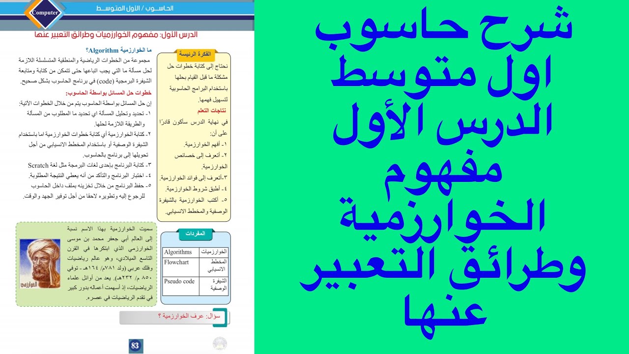 شرح حاسوب اول متوسط الدرس الاول مفهوم الخوارزمية وطرائق التعبير عنها