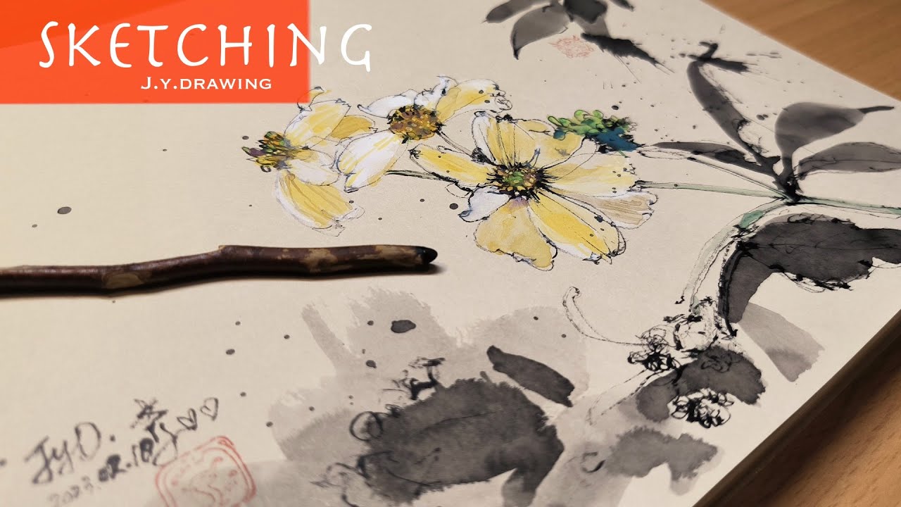 How to draw Flower with Twig Step by Step | Sketching and Gouache ...