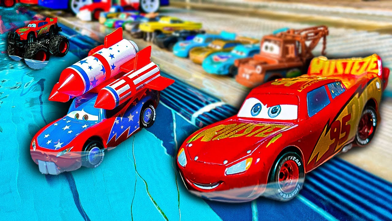 Disney Pixar Cars falling into deep pool, Lightning McQueen, Tow Mater ...