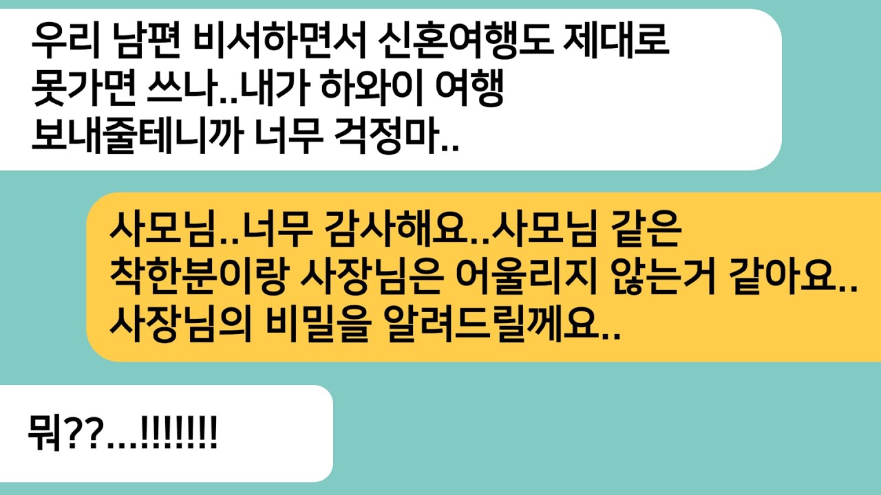 반전사연남편회사 비서가 돈이없어 신혼여행을 못간다고 해서 내가 하와이를 보내주겠다고 하니 남편의 비밀을 알려주는데기겁할