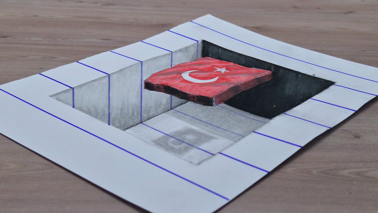 3d drawing Turkish flag on paper - YouTube