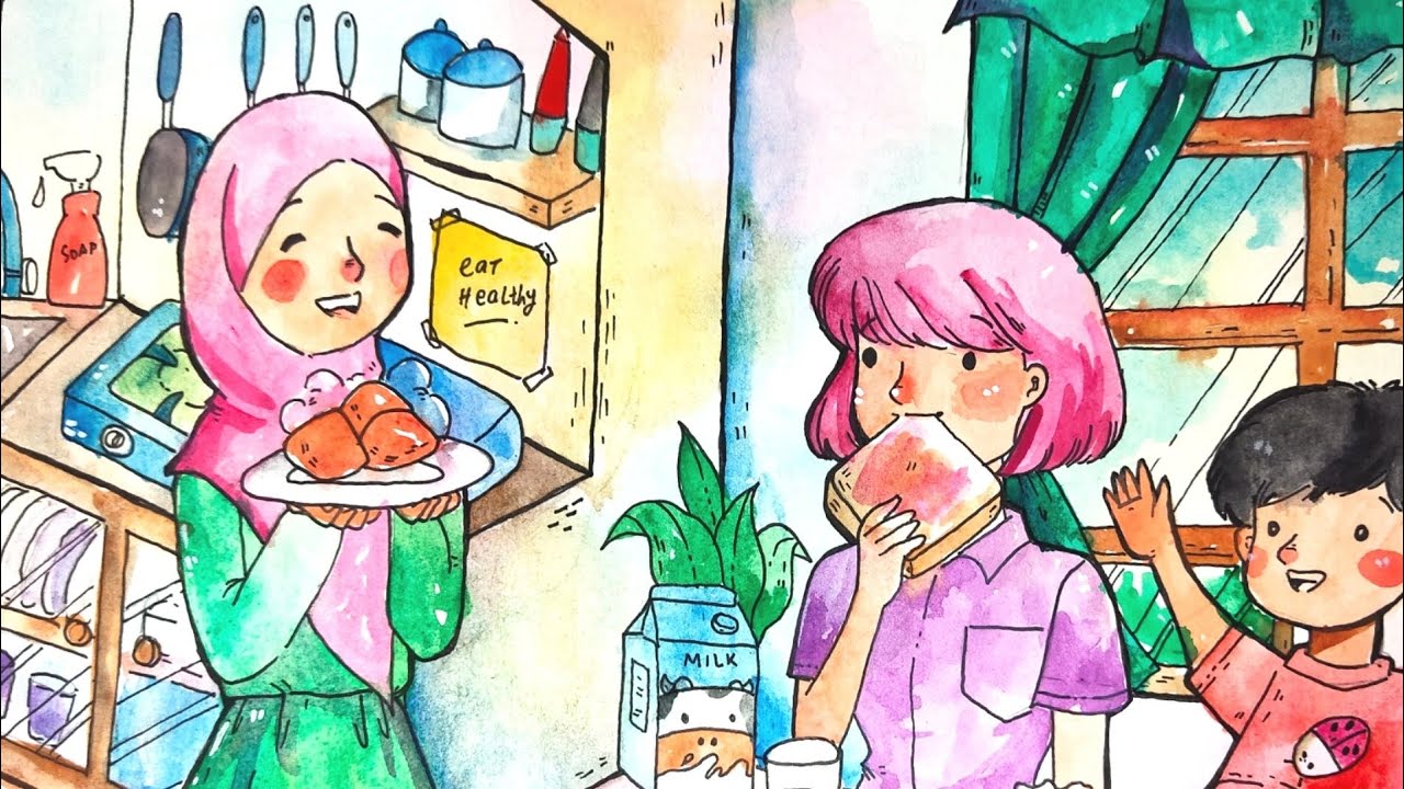 Cara menggambar ilustrasi sarapan pagi | How to draw breakfast ...