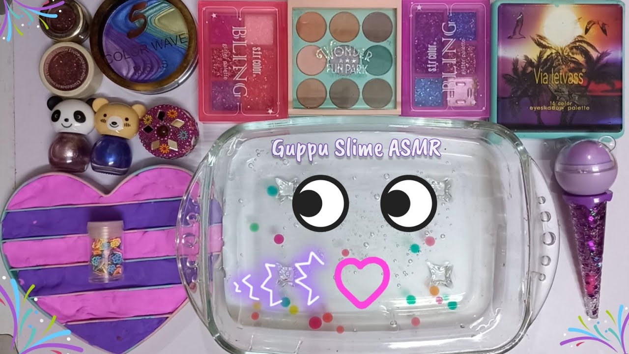 Satisfying Clear Slime Mixing with Purple Makeup, Glitters, and Sequins ...