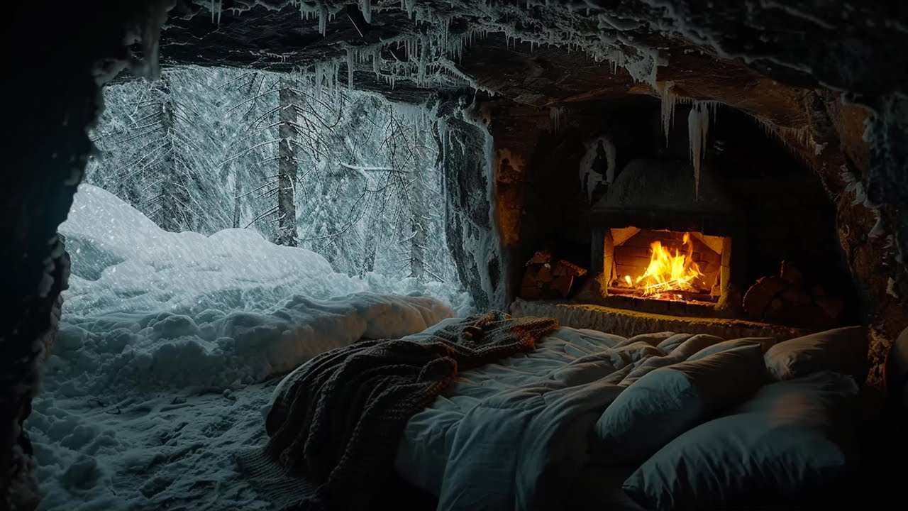 Snowy Winter Cave Hideout ️ Crackling Fire, Wind Whistling & Snowfall ...