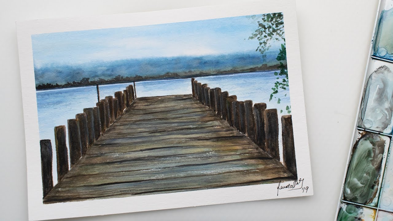 Watercolor LANDSCAPE painting easy with horizon and wooden pontoon ...