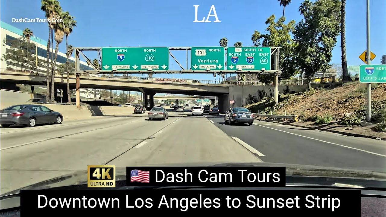 Driving from Downtown LA to Sunset Strip on Hollywood Freeway - 4K ...
