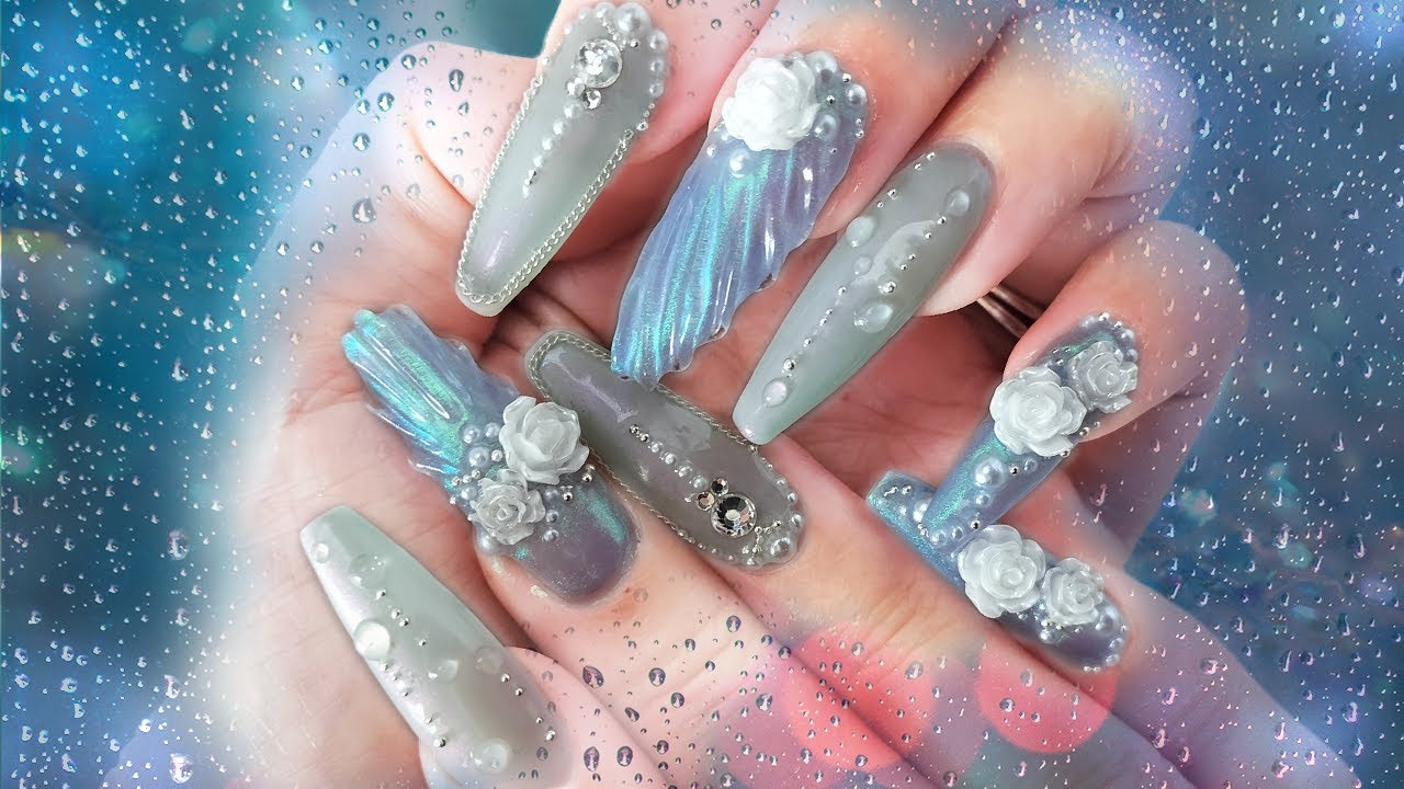 ASMR🌸Mermaid and Raindrops Nails♡ ^ ̳ᴗ ̫ ᴗ ̳^☕ - YouTube