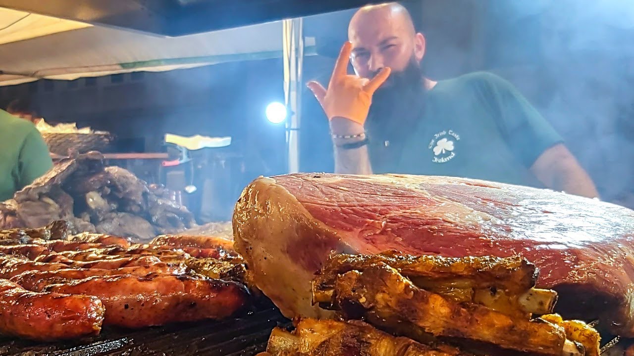 Irish Street Food. Roasting Blocks of Angus Meat on Huge Grills - YouTube