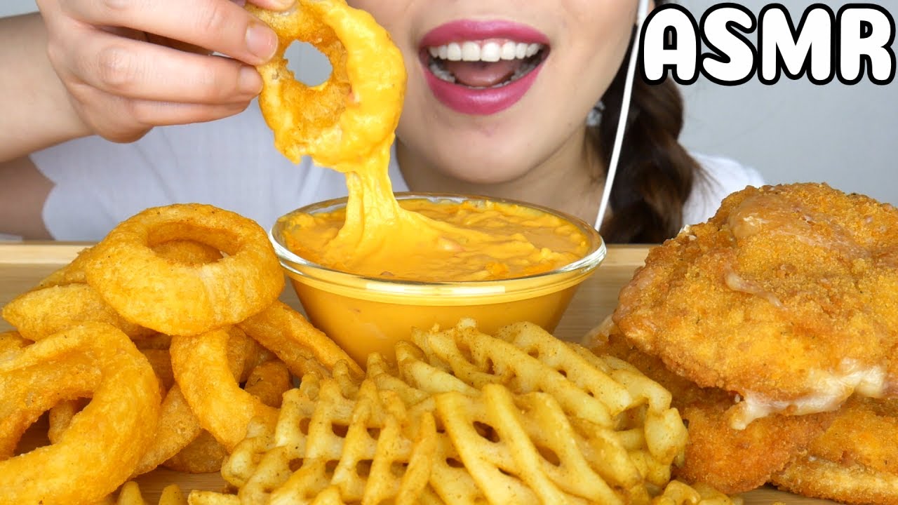 ASMR CHEESY ONION RINGS, WAFFLE FRIES & FRIED CHICKEN (EATING SOUNDS ...