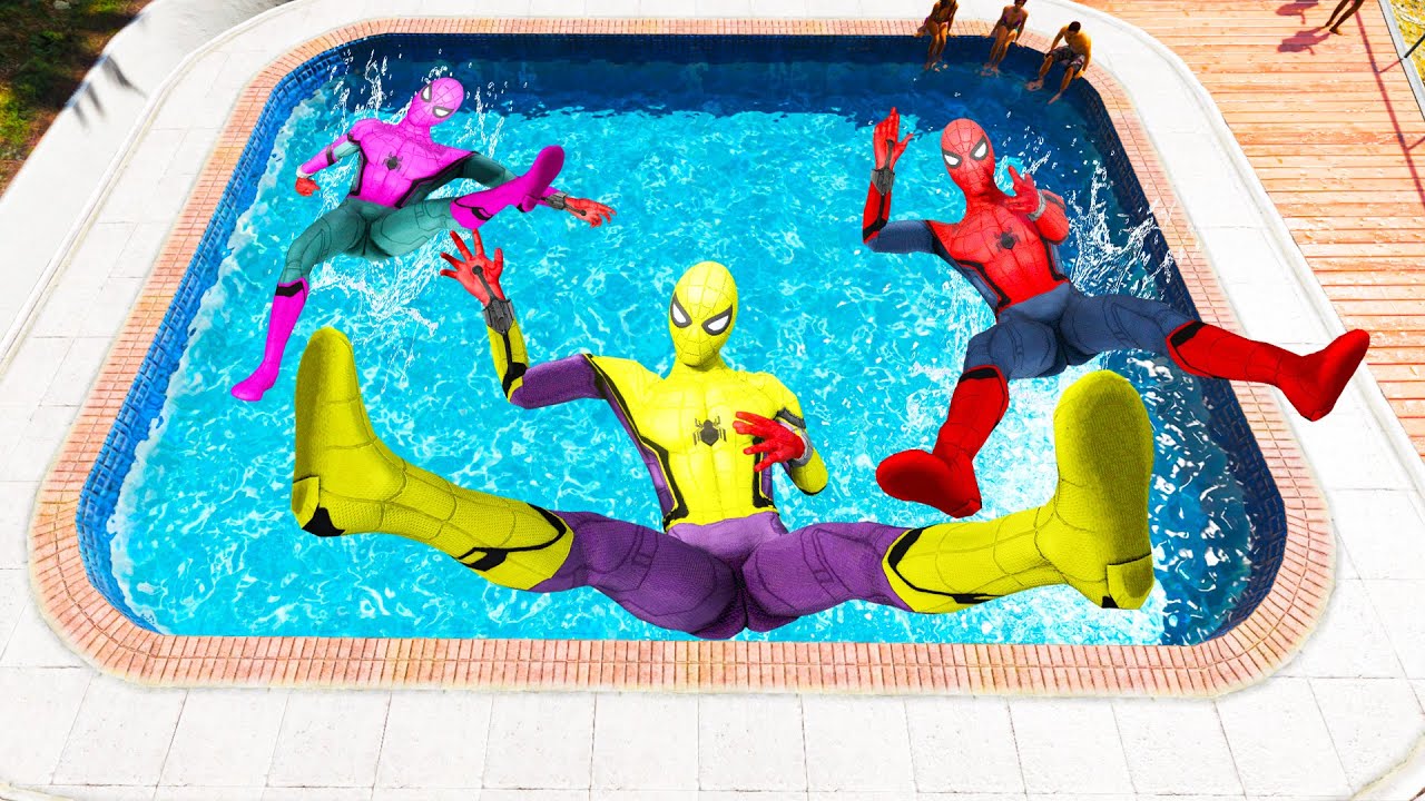 GTA 5 Rainbow Yellow Vs Pink & Red Spiderman Jumping Into Pool (Euphoria Physics/Ragdolls) #1 ...
