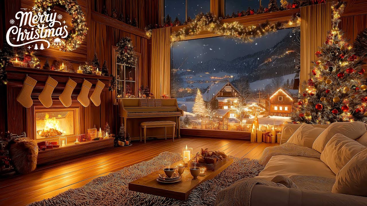 Peaceful Christmas Music for Relaxation 🎄 Warm Fireplace and Soft Snow ...