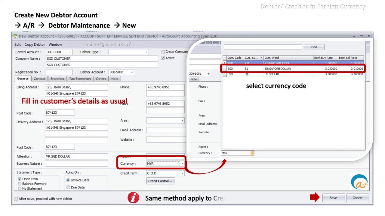 AutoCount V2 - New Debtor / Creditor in Foreign Currency - YouTube