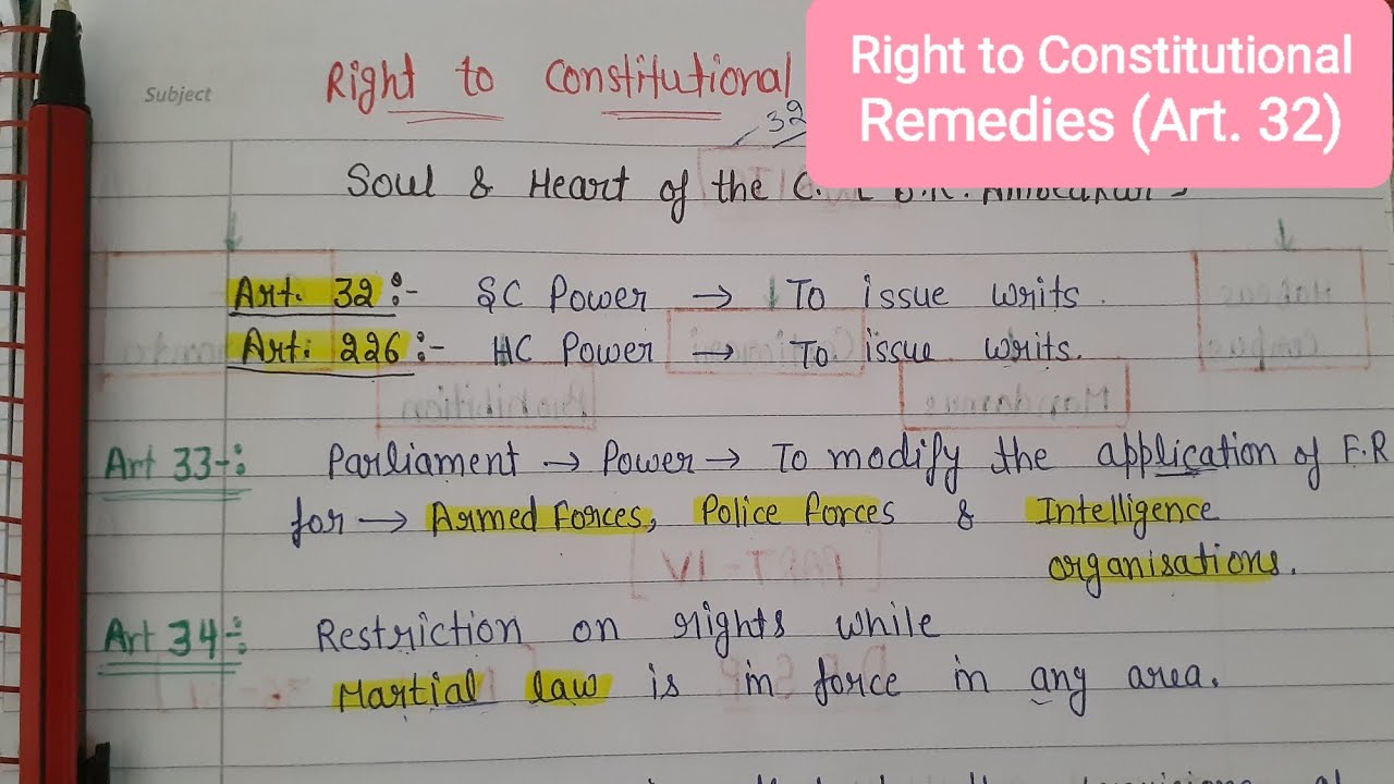 Right to Constitutional Remedies (Article 32-35)/Handwritten Notes ...