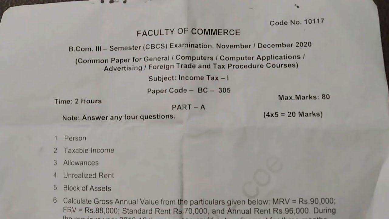 Income Tax 3rd sem B.com, Question paper 2020 - YouTube