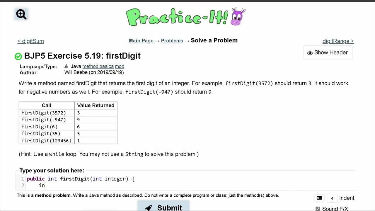 Java Practice It | Exercise 5.19: firstDigit | if, else, Boolean logic, method basics, return ...