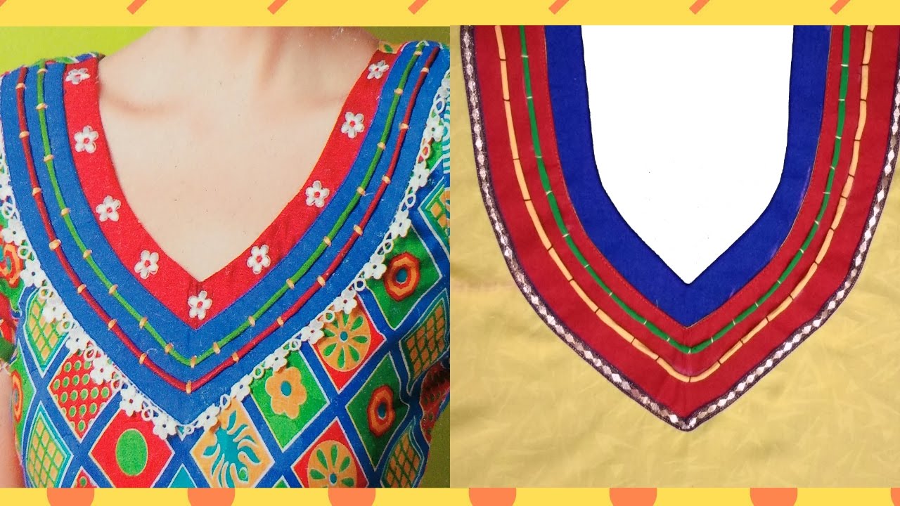 How To Cut and Stitch Double V Neck With Patch Work And Double Piping ...