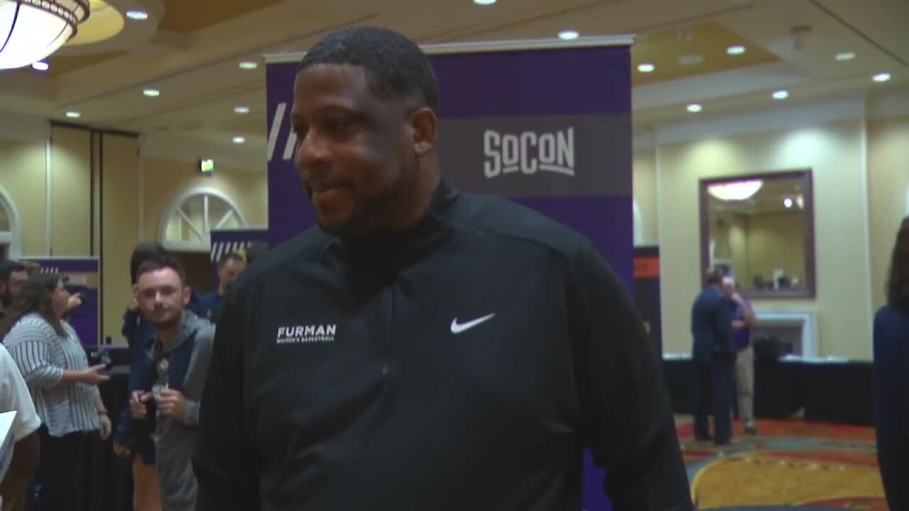 Furman Women's Basketball head coach Pierre Curtis at SOCON Media Days ...