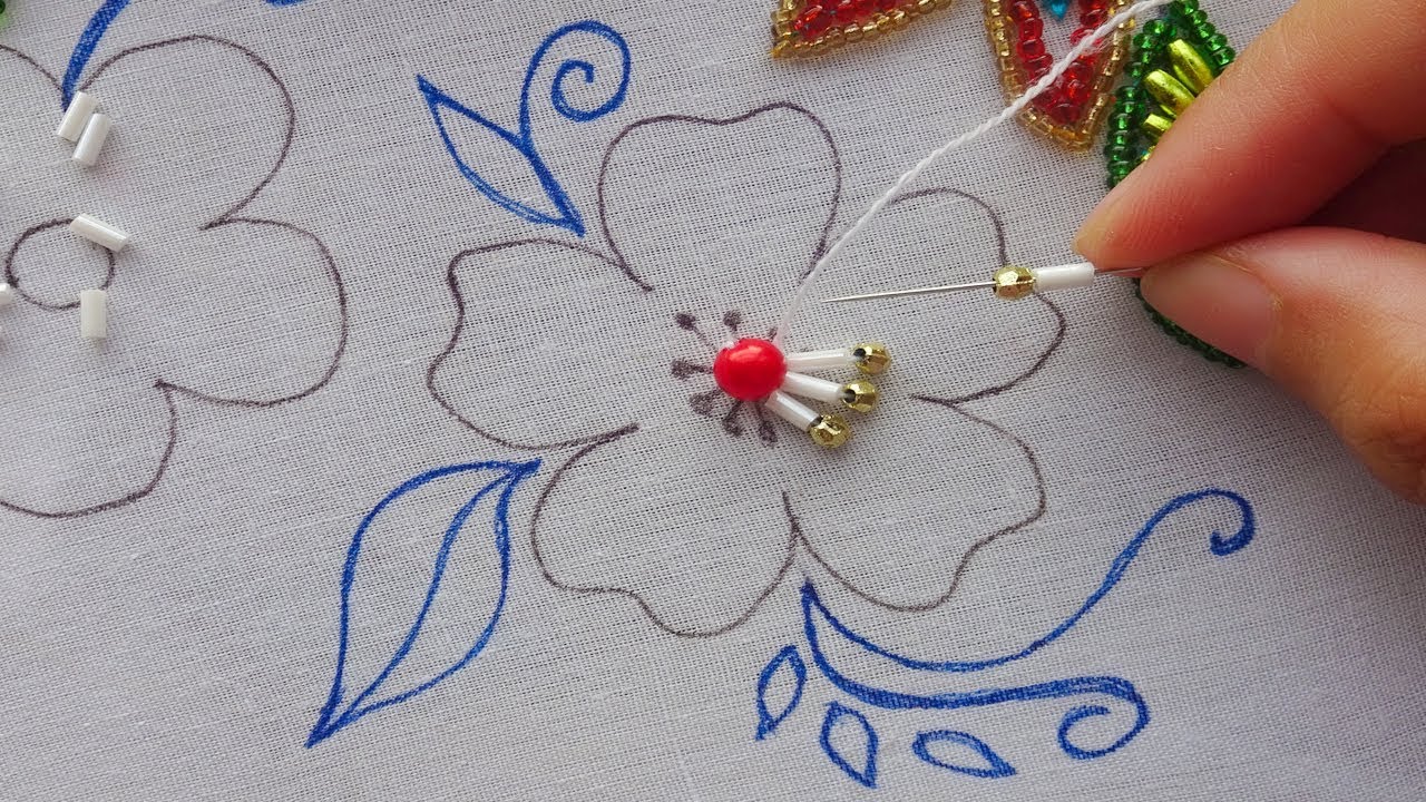 Bead Embroidery Kit Pink Flowers Diy Beadwork Kit Beading Kit Hand