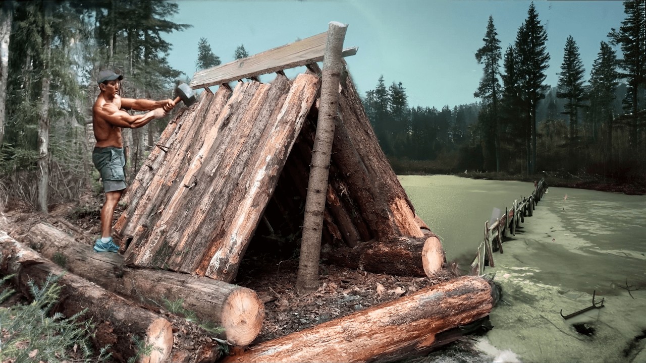 Survival Log Cabin by the Lake — Solo Build, Ice Fishing & Wild Cooking ...