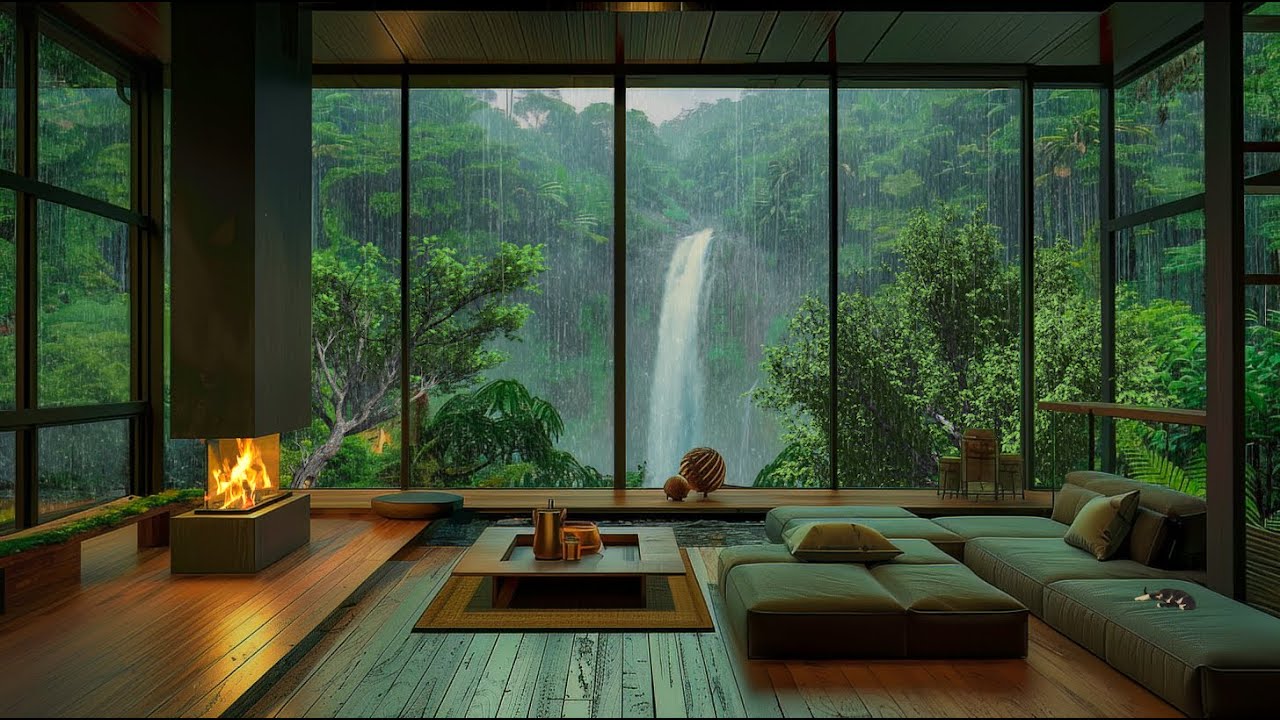 Modern Apartment In Forest With Waterfall⛈Fireplace and Rain Sound ...