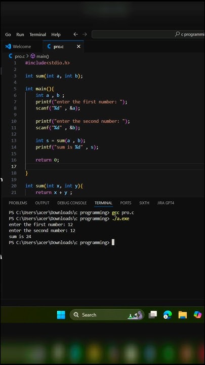 c programming create function print sum of two numbers #function #coding - YouTube