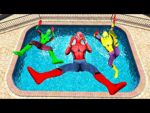 GTA 5 Rainbow  Red Vs Green & Yellow Spiderman Jumping Into Pool (Euphoria Physics/Ragdolls) #1