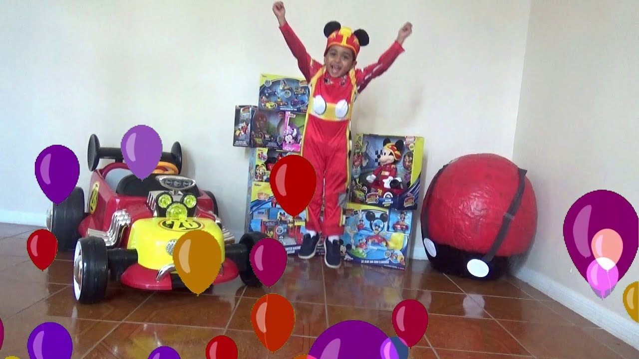 Giant Mickey mouse surprise egg roadster racer mickey mouse racing car ...