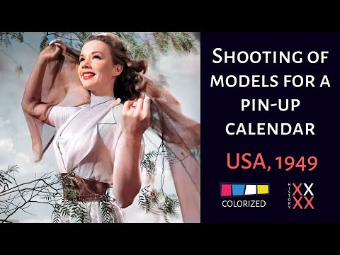 Shooting of models for a pin-up calendar. USA. 1949 (Colorized)