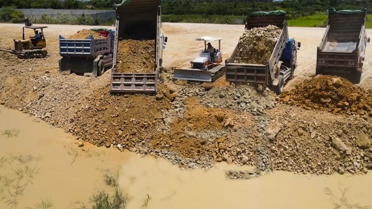 Part 2 Great 2Dozer Push Dirt Slide In To Water With Dump Truck At Work ...