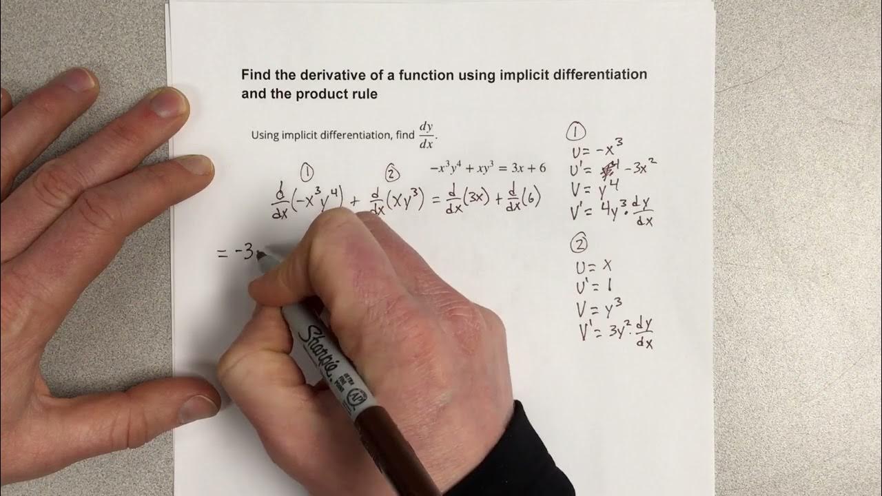 Find the derivative of a function using implicit differentiation and the product rule - YouTube