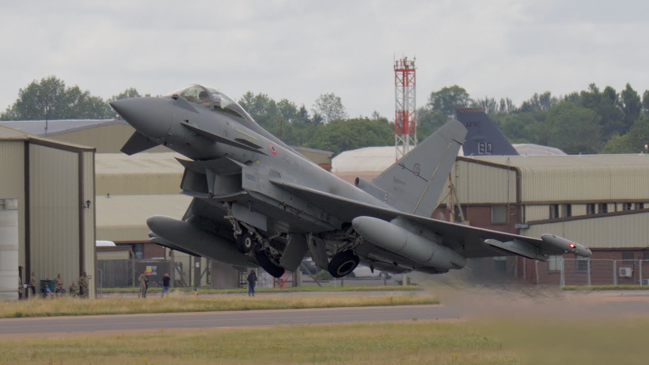 (4K) 2 Eurofighter Typhoon Italian Air Force MM7324 MM7341 departure ...