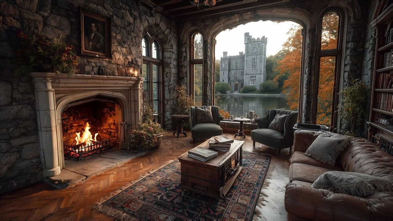 🍁 Autumn Castle Fireplace Ambience | Tranquil Fall Study & Reading ...