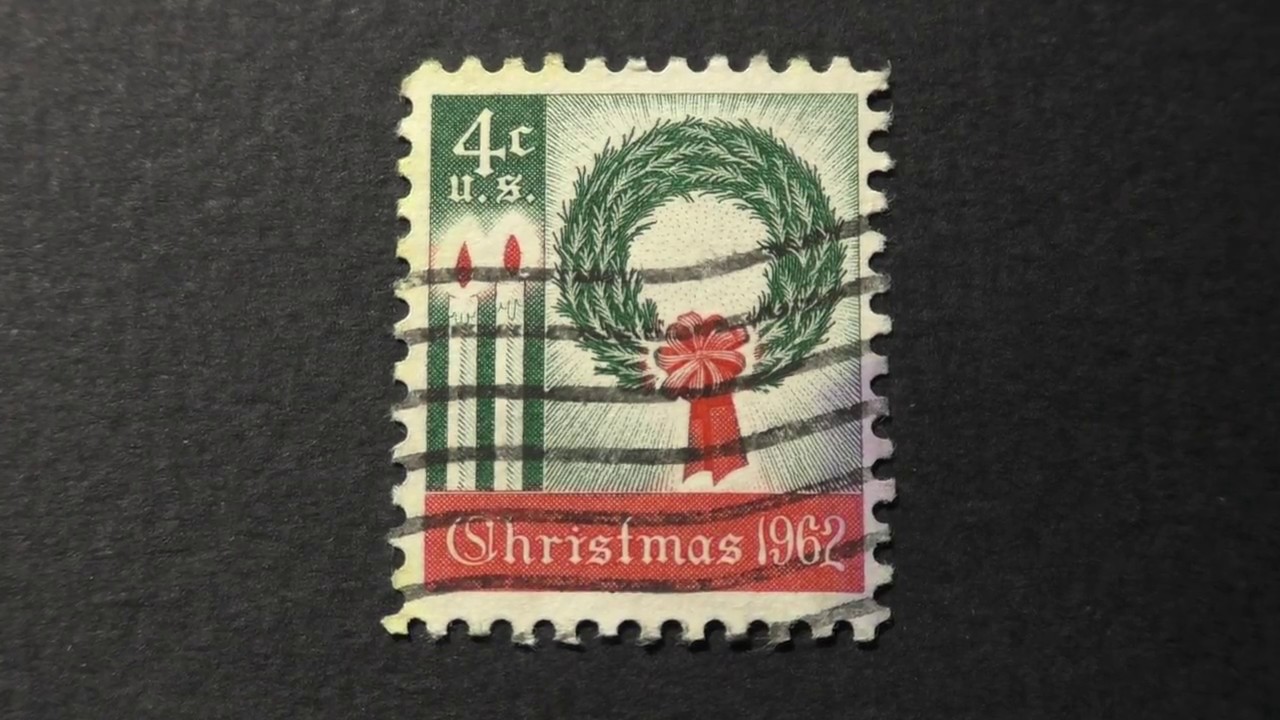 Postage stamp. USA. burning candle. Christmas wreath. Christmas 1962 ...