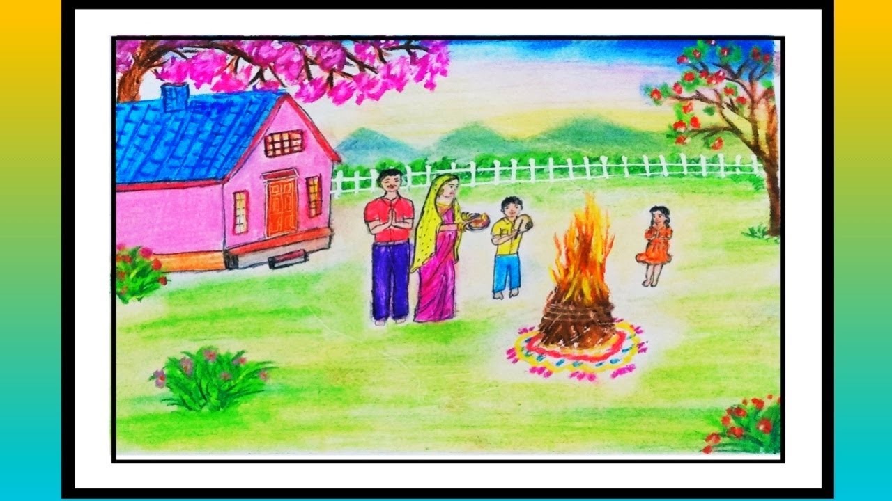 How to draw "Holi Pooja "scene easily || Holi festival drawing ...