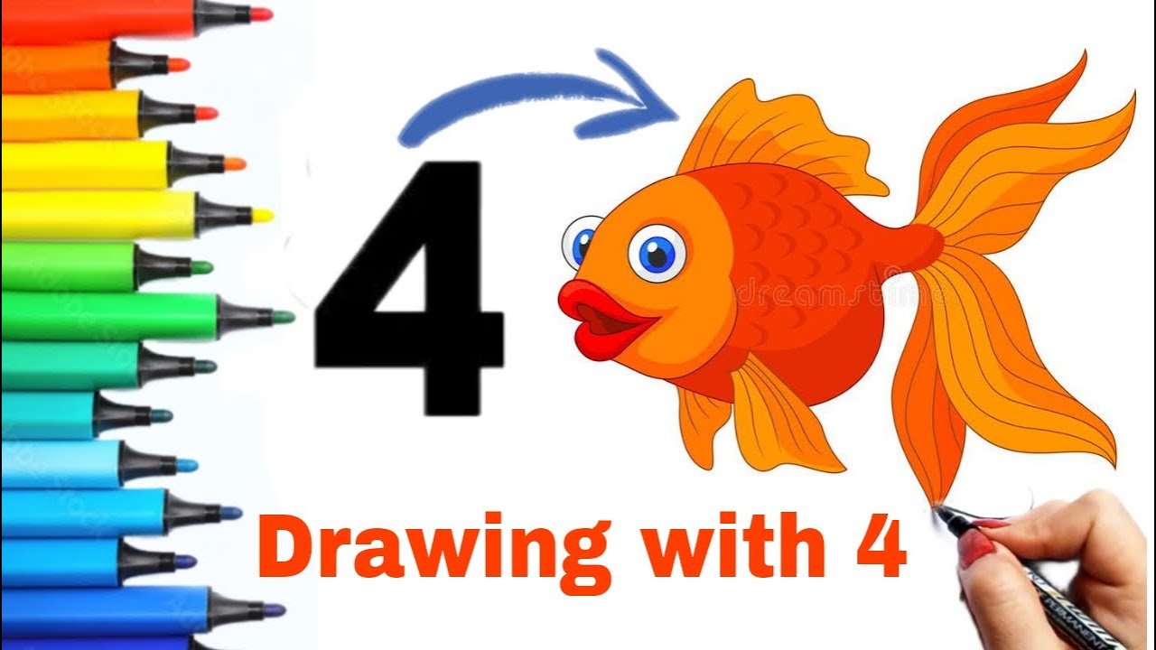 How To Draw GOLD FISH with NUMBER 4 | DRAWING with number 4 - YouTube