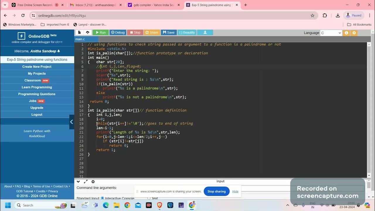 Exp No- 5 String palindrome using function in c - YouTube