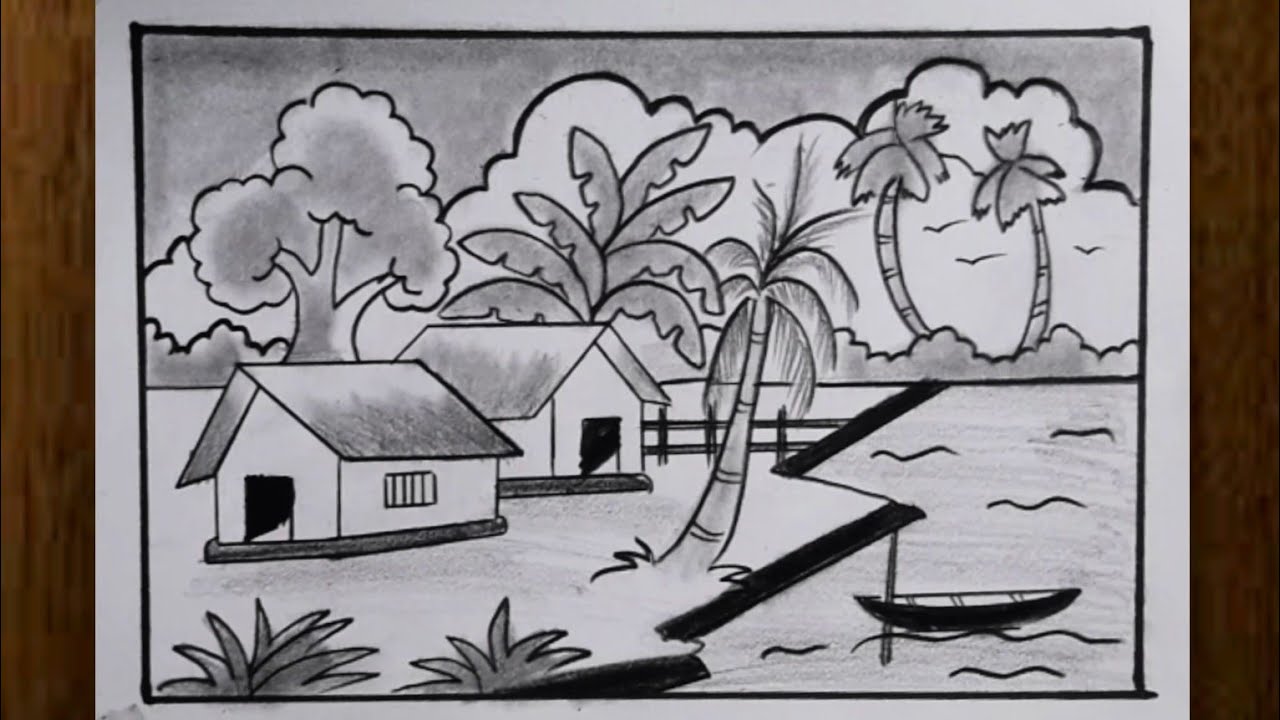 Pencil Sketch Village Scenery|Easy Step-by-Step Drawing Tutorial for ...