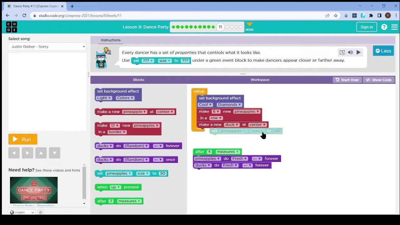 L9-11 |Code.org | Express-2021 | Lesson 9:Dance party| level 11 - YouTube