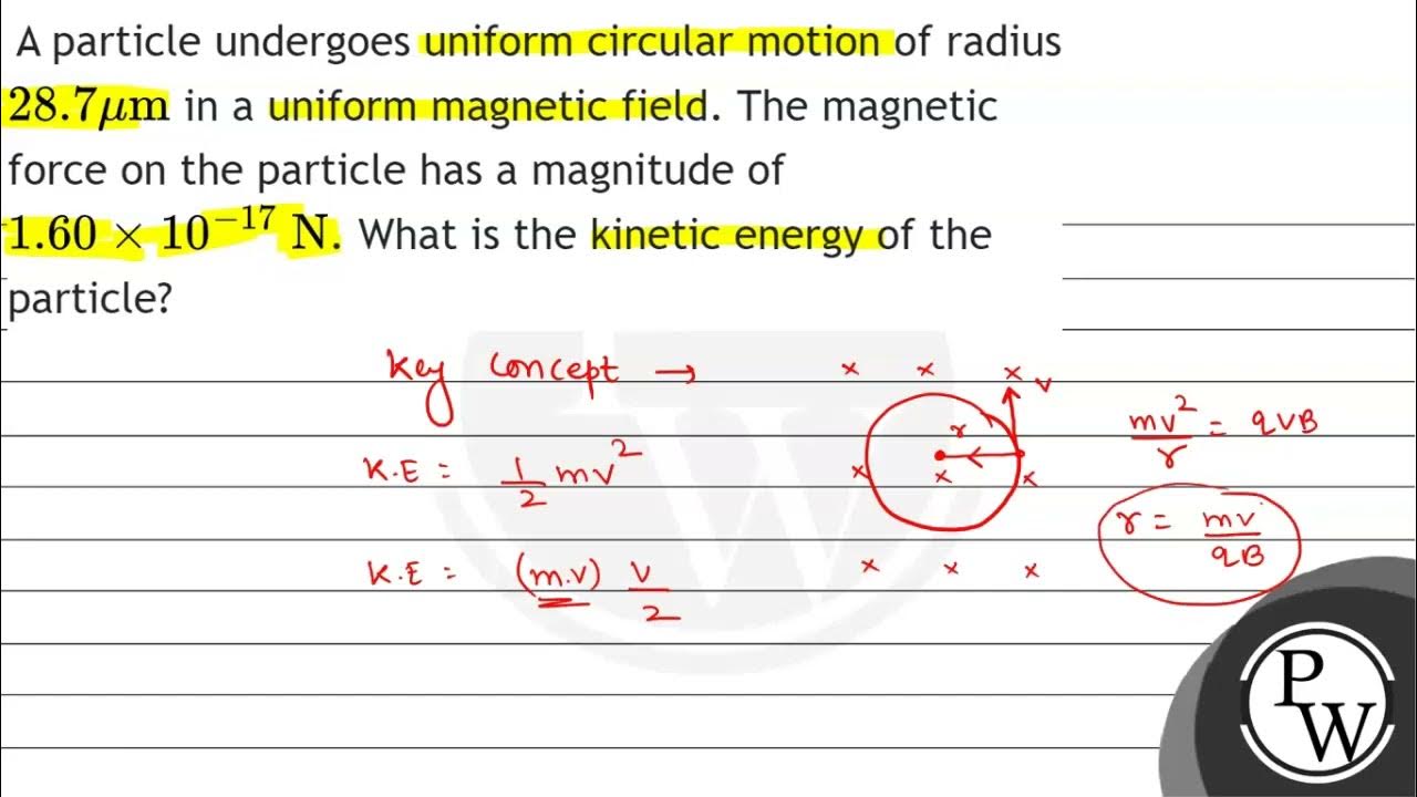 A particle undergoes uniform circular motion of radius \( 28.7 \mu \mathrm{m} \) in a uniform ma ...