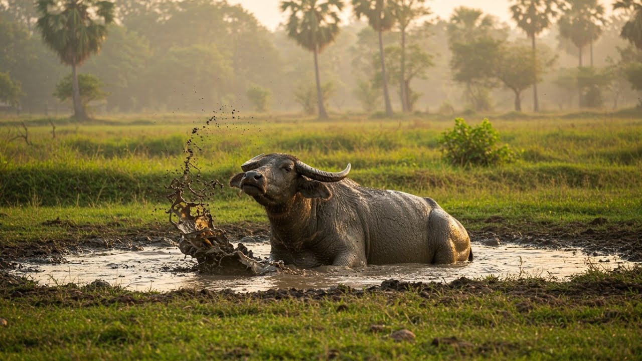 Buffalo Mud Bath in Cambodia | Wild Water Buffalo Play Naturally - YouTube